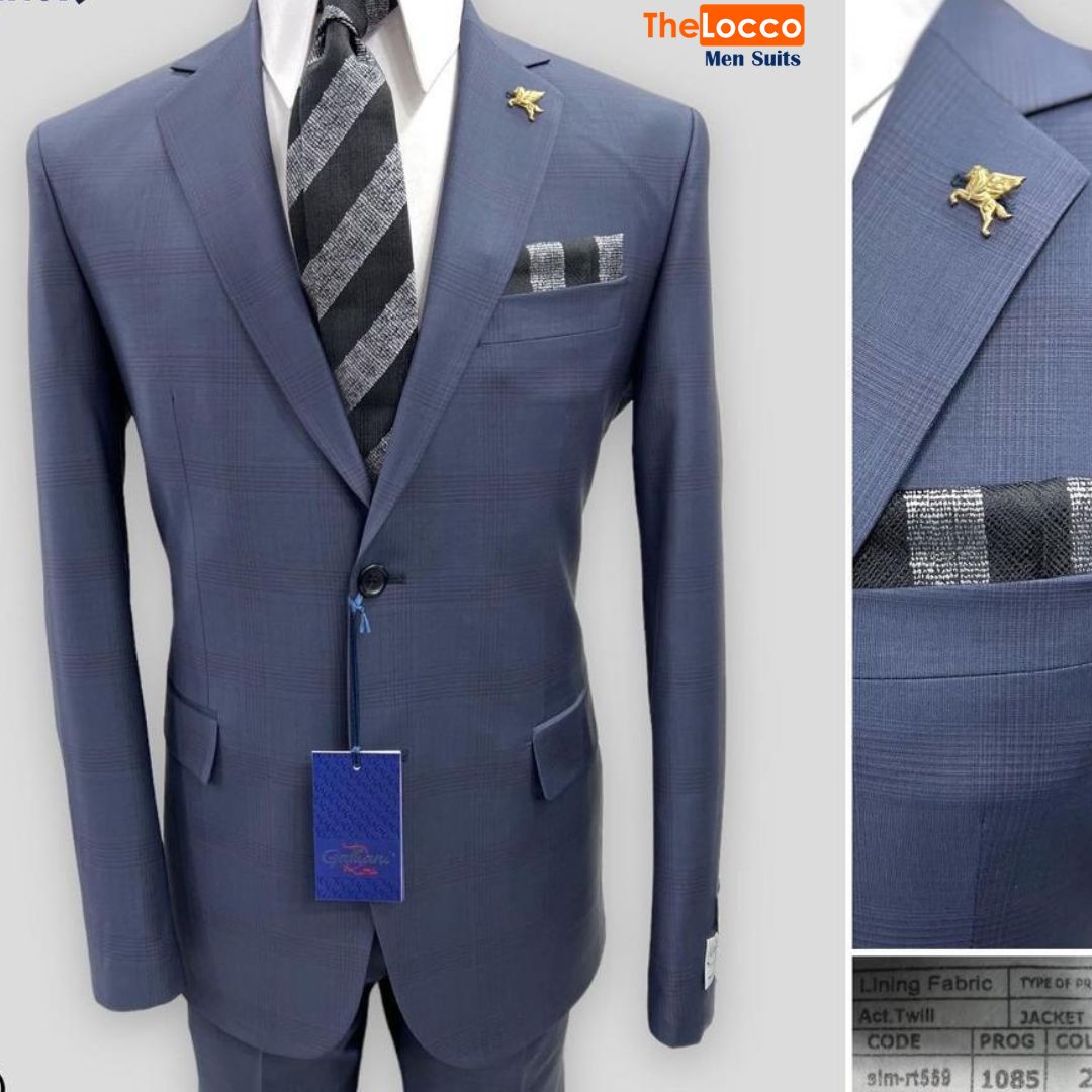 Blue Wedding Checked Suits For Men-Wool Office Wear Suit - TheLocco